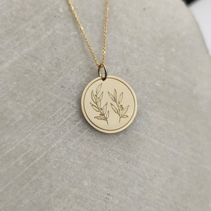 14K Solid Gold Olive Branch Necklace: Engraved Leaf Pendant - Etsy