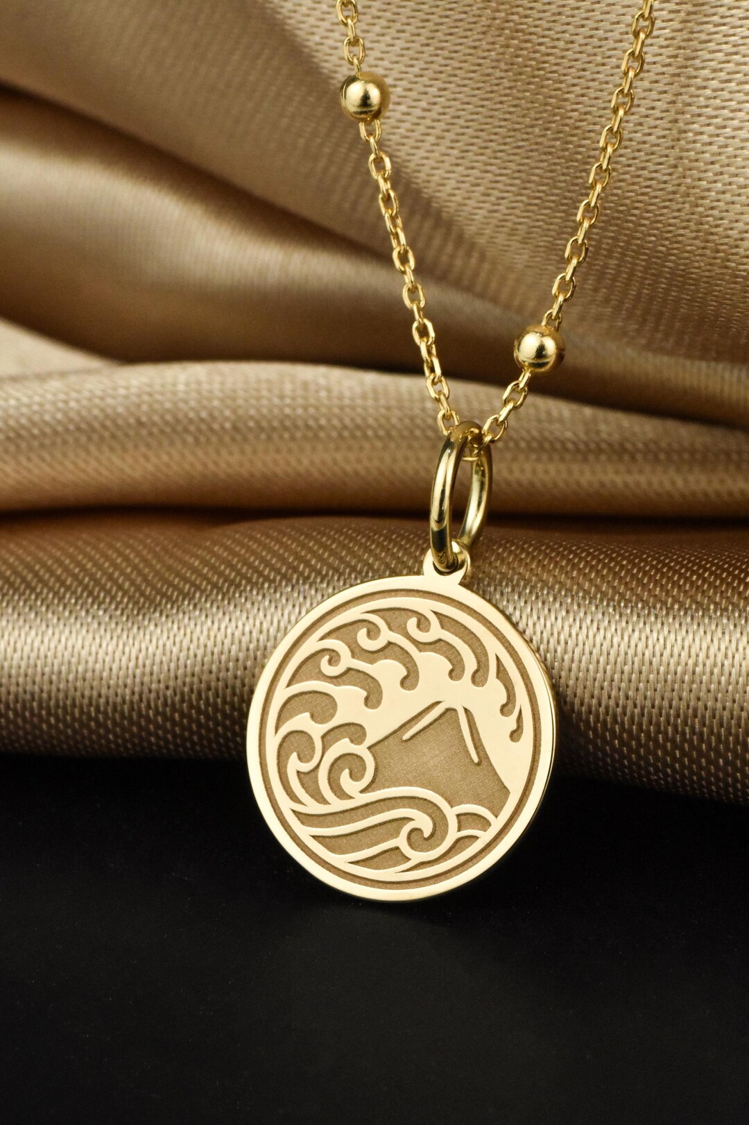 14K Solid Gold Waves Necklace, Ocean Waves Charm, Personalized Sea Wave ...