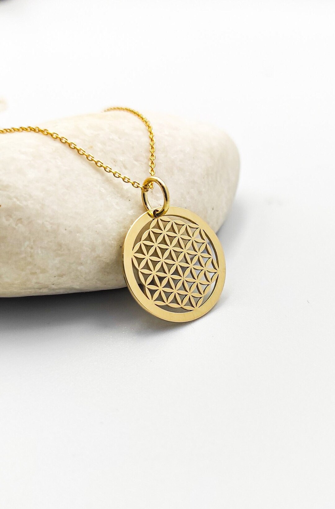 14K Solid Gold Flower of Life Necklace, Sacred Geometry Pendant, Flower ...