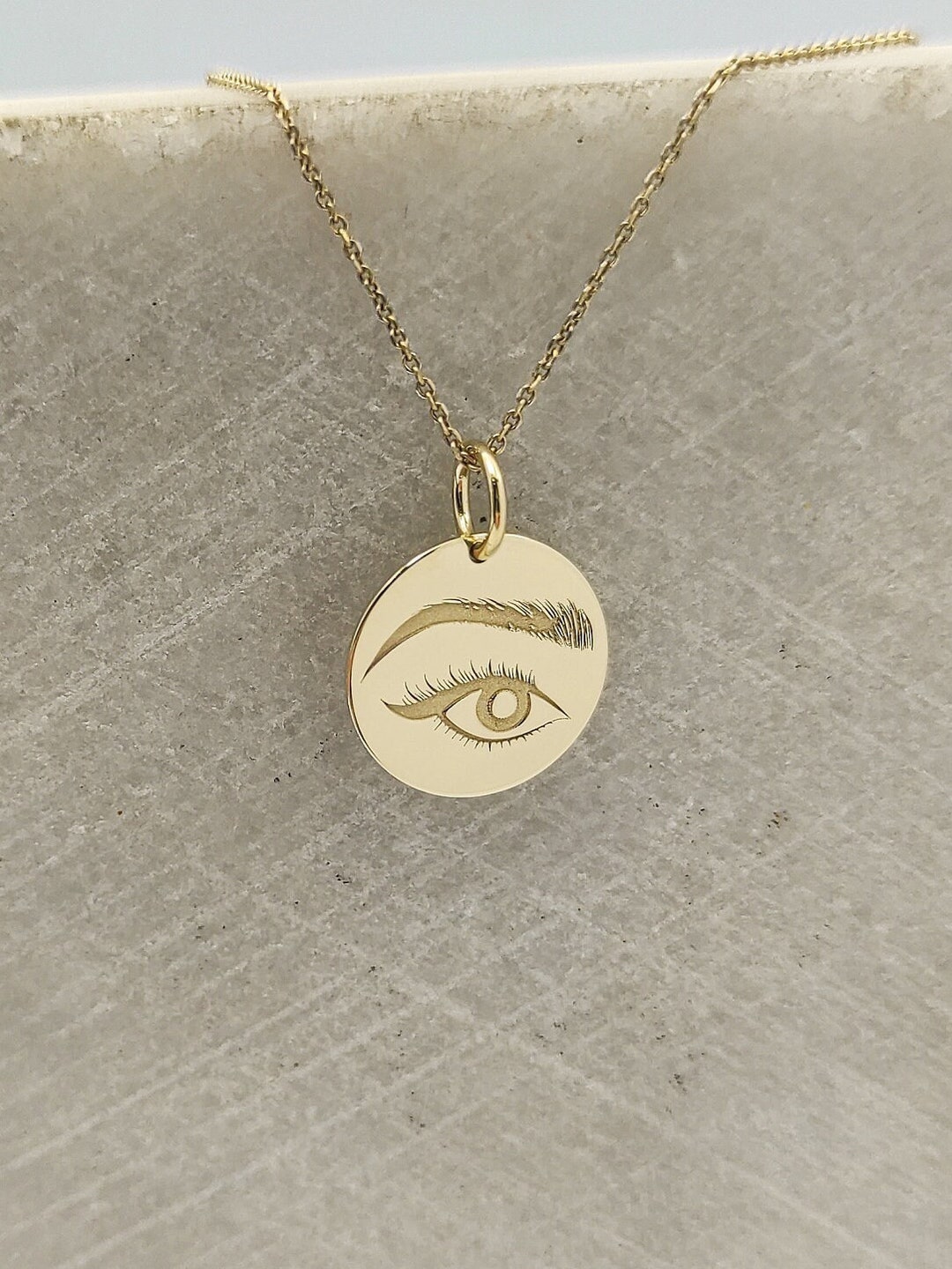 14K Solid Gold Eye Necklace, Gold Coin Woman Eye Pendant, Personalized ...