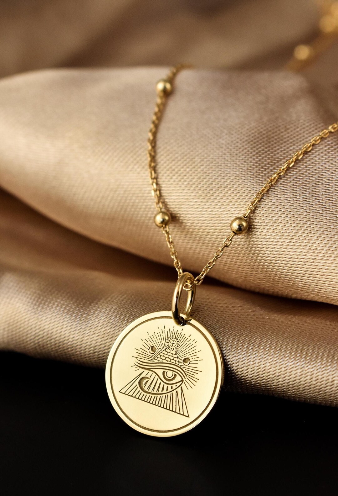 14K Gold Eye of Horus Necklace, Pyramid Eye Coin Pendant, Personalized ...
