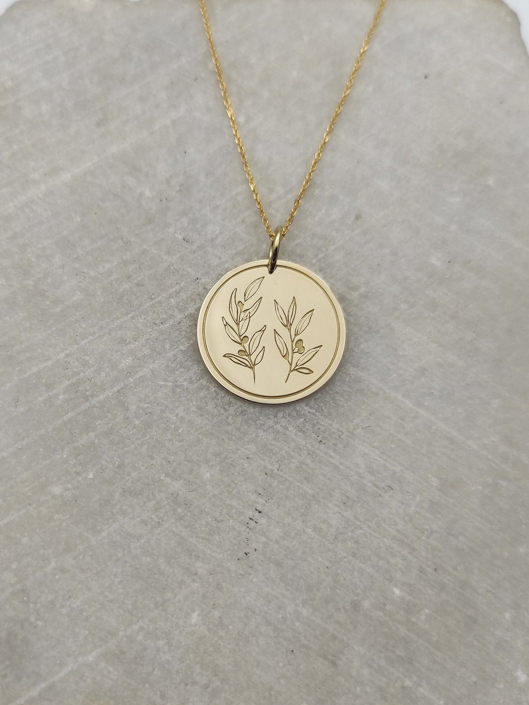 14K Solid Gold Olive Branch Necklace: Engraved Leaf Pendant - Etsy