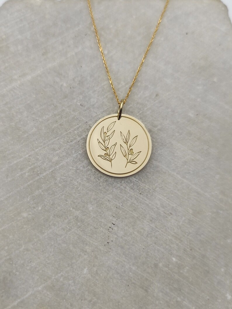 14K Solid Gold Olive Branch Necklace: Engraved Leaf Pendant - Etsy