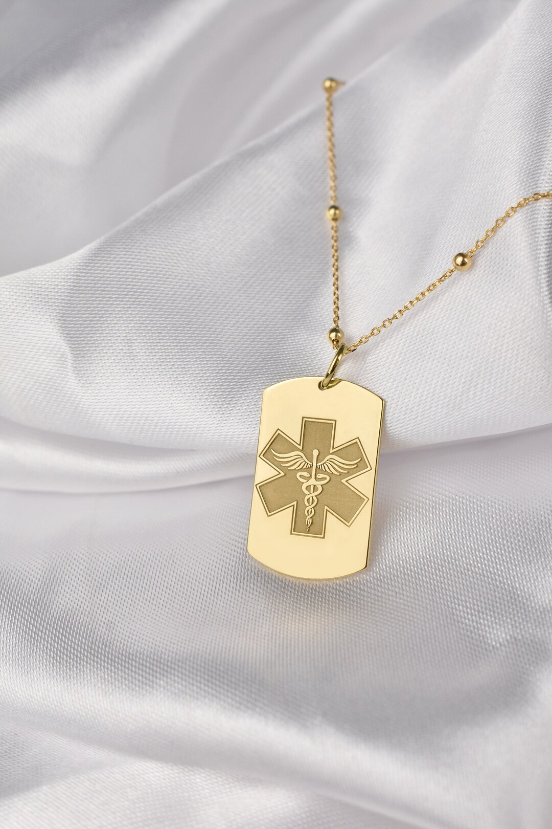 14K Solid Gold Pharmacy Jewelry, Personalized Medical Rectangle Pendant ...