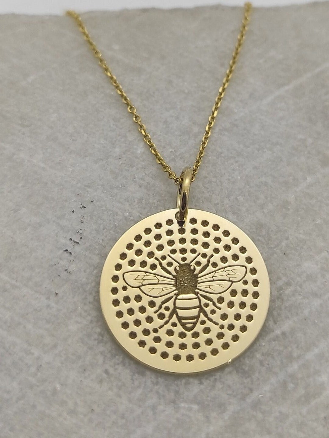 14K Solid Gold Honeybee Necklace, Gold Bee Disc Jewelry, Honeycomb Bee ...