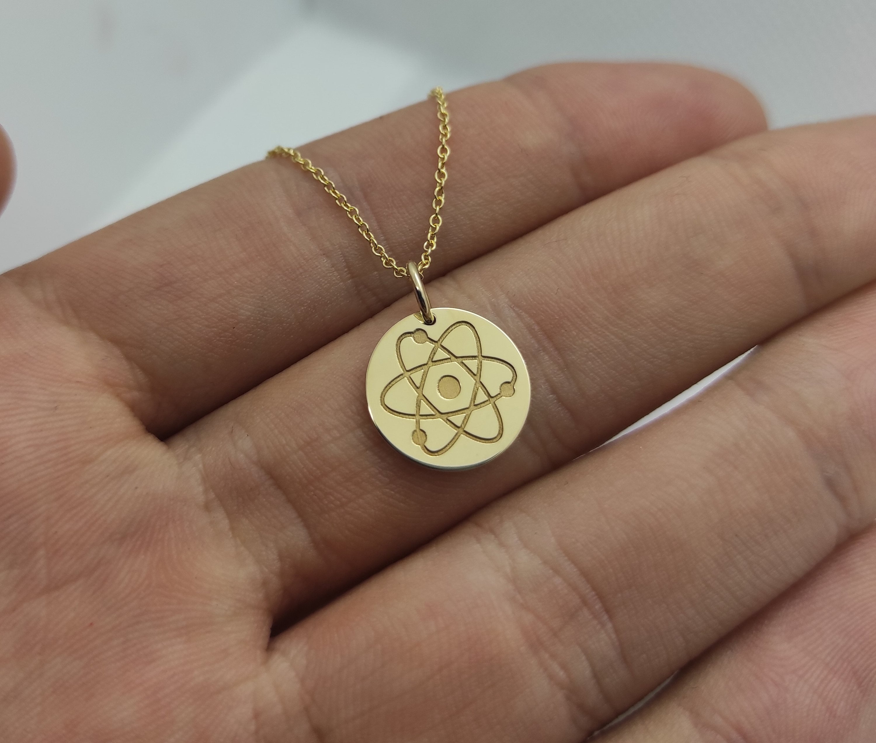Atom Necklace 14K Solid Gold Pendant Science Charm | Etsy