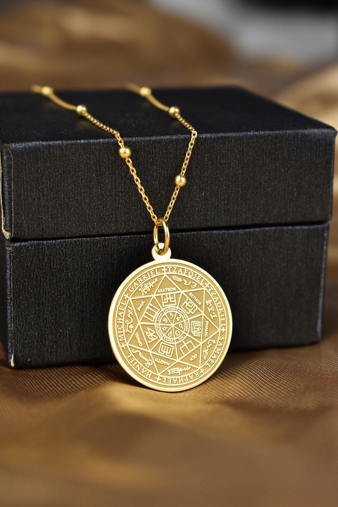 14K Solid Gold Seven Archangels Coin Pendant: Seal of Solomon Necklace ...