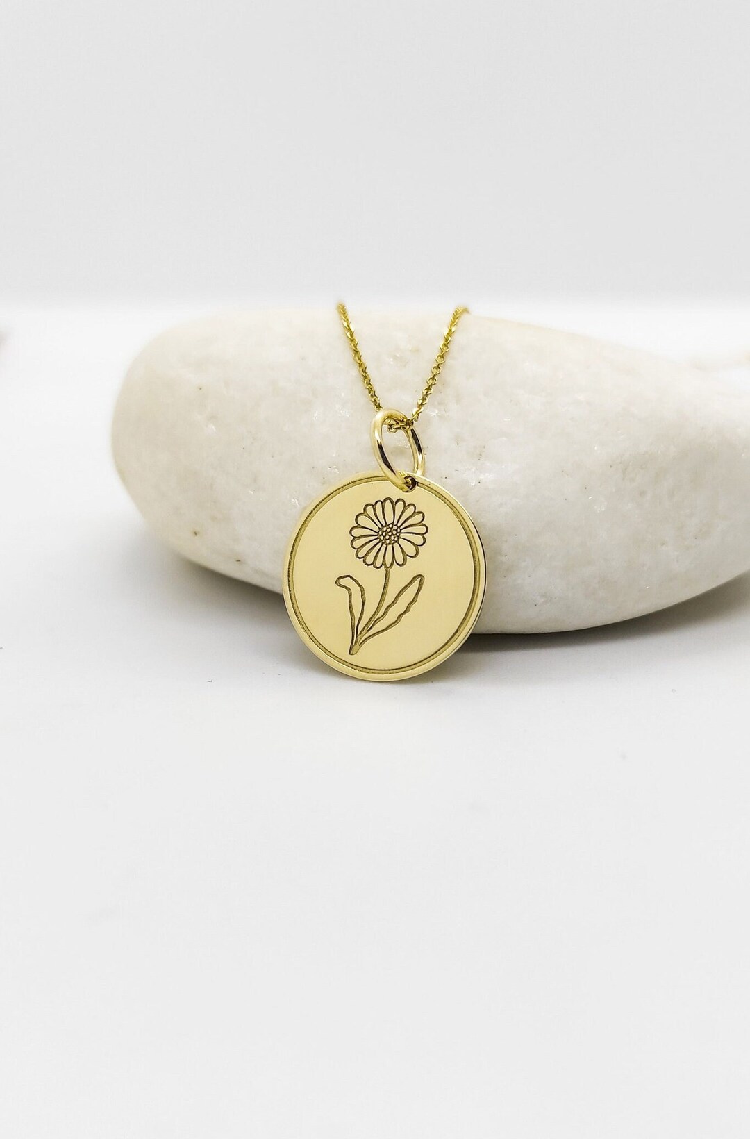 14K Solid Gold Daisy Flower Necklace, Gold Coin Flower Pendant ...