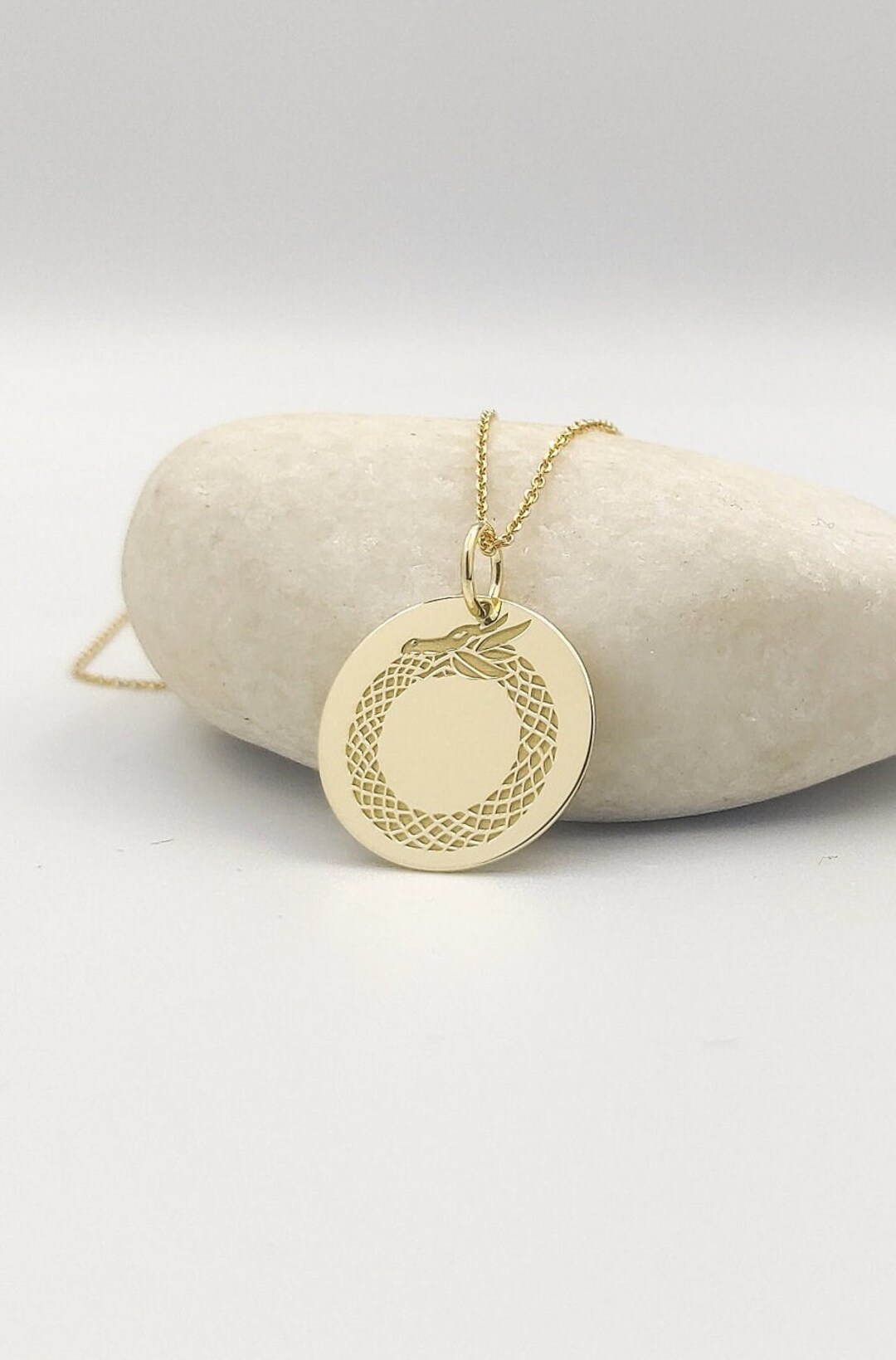 14K Solid Gold Ouroboros Necklace, Dragon Disc Pendant, Personalized ...