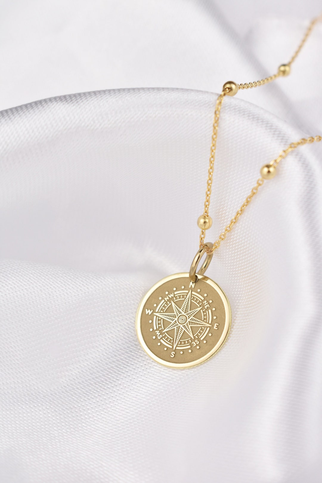 14K Gold Compass Necklace: Engraved North Star Pendant - Etsy