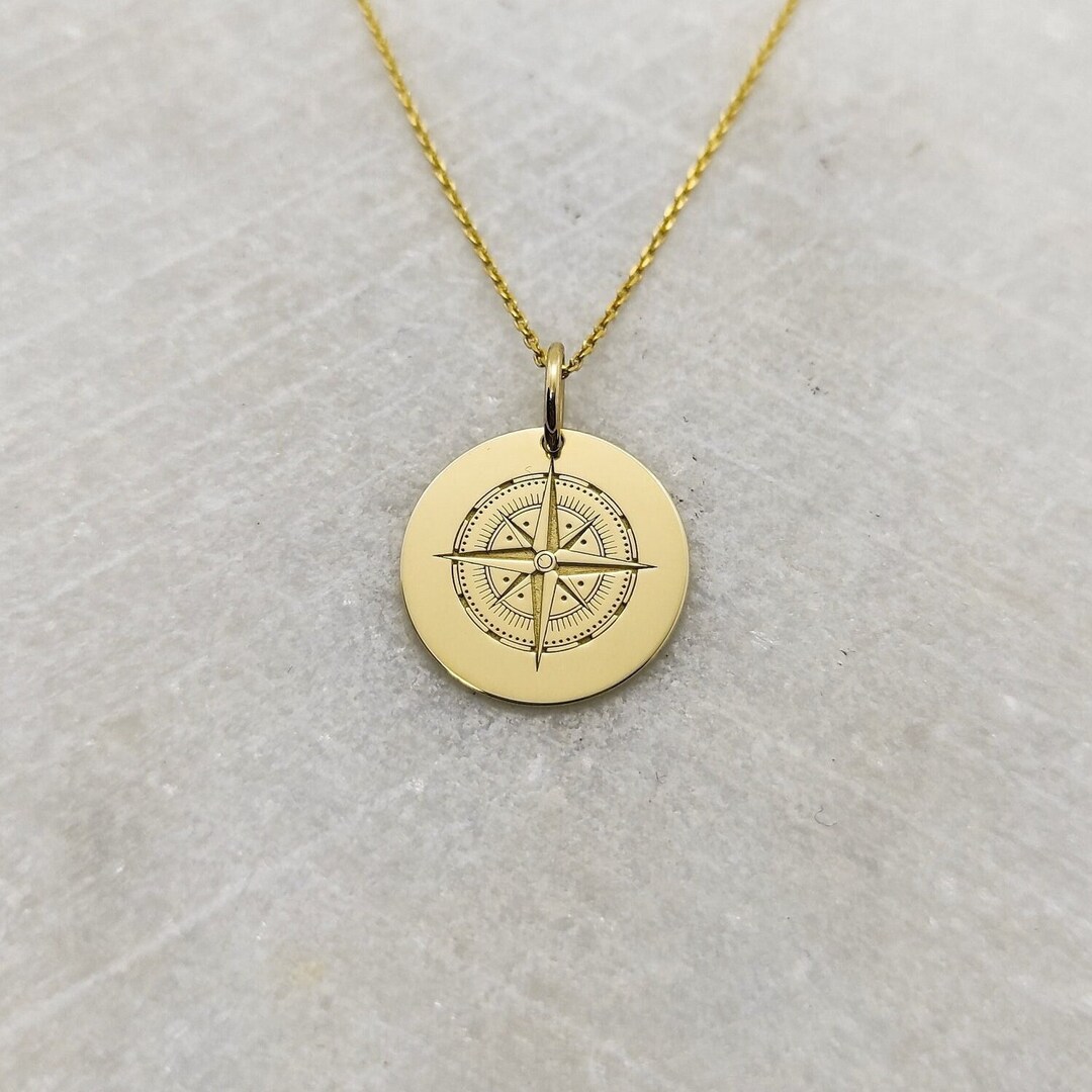 9K Real Solid Gold Compass Necklace, Personalized Navigation Compass ...