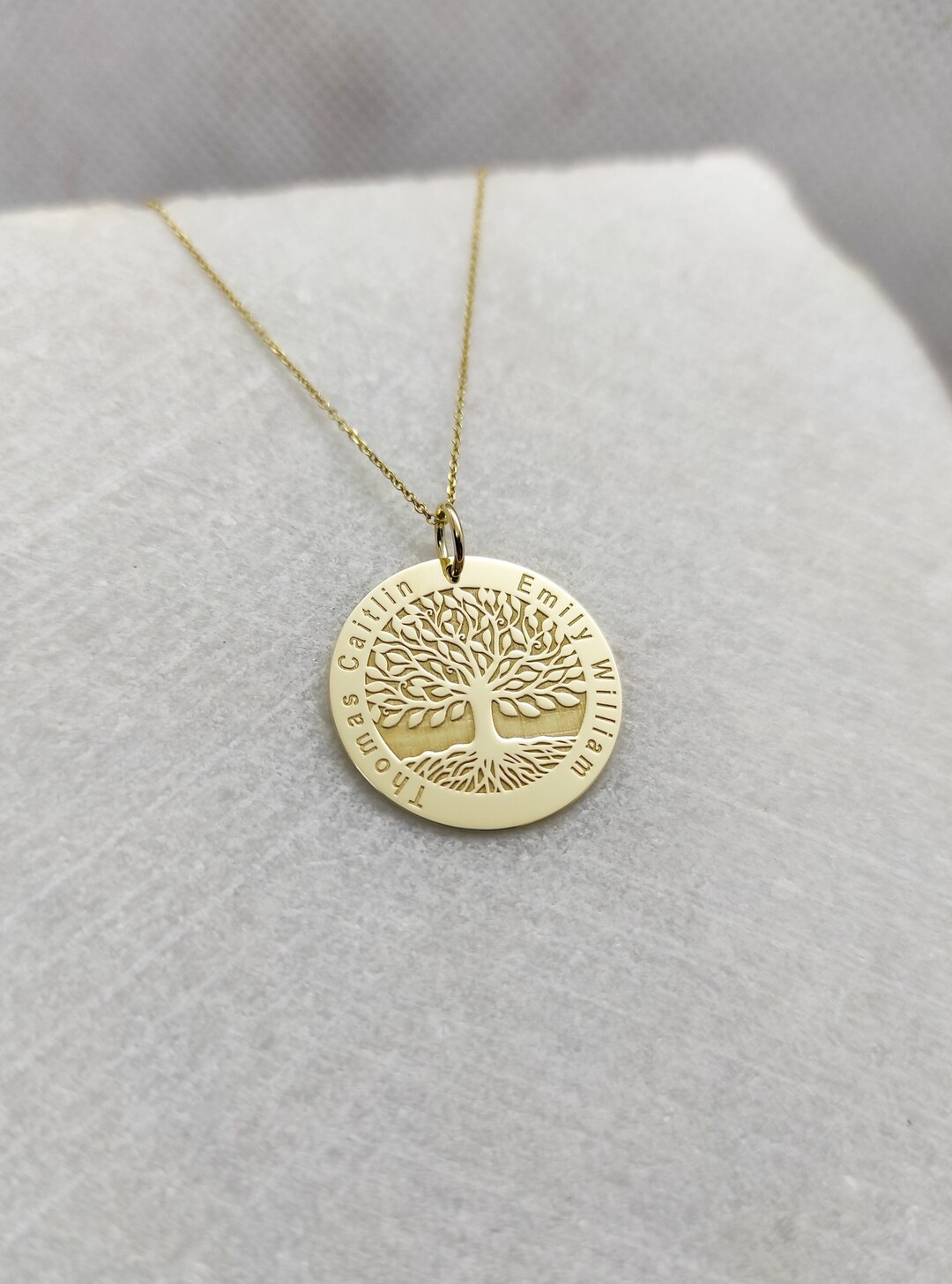 9K Solid Gold Family Tree Necklace, Dainty Tree of Life Disc Charm ...