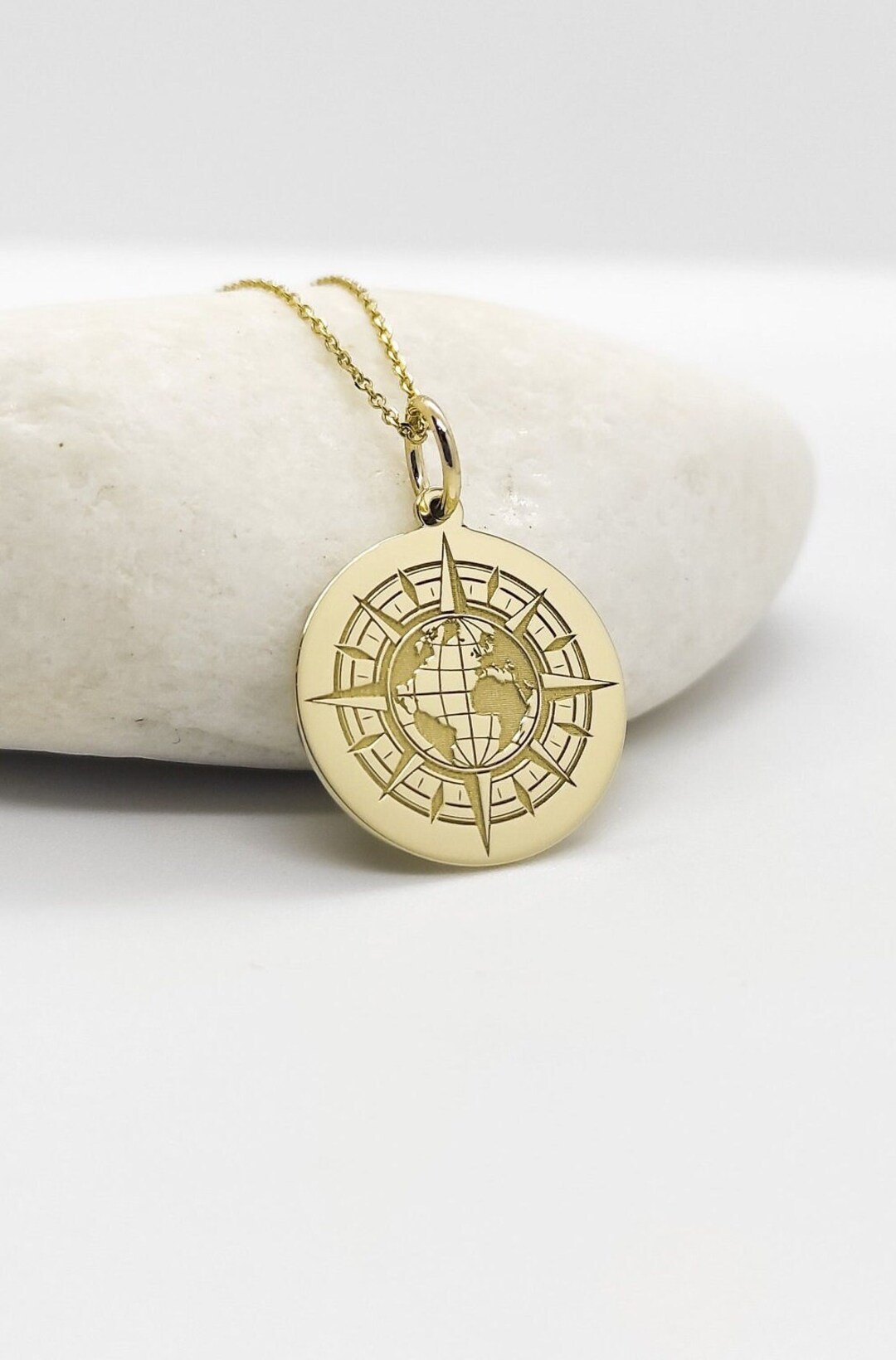 14K Real Gold Earth Compass Disc Pendant, 14K Solid Gold Earth Map ...
