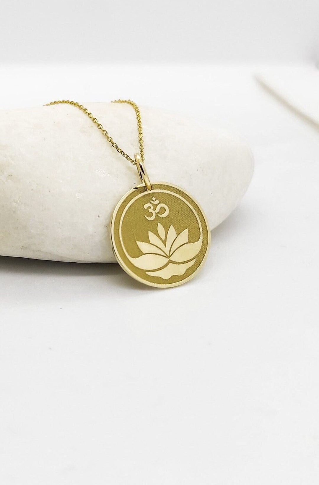 14K Real Gold Om Lotus Disc Pendant, 14K Solid Gold Om Necklace ...