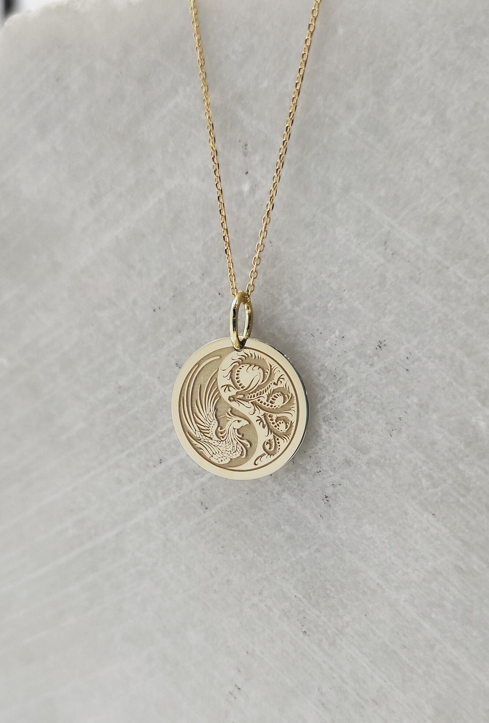Bijoux Yin Yang Dragon Phoenix en or massif 9K, collier dragon délicat ...