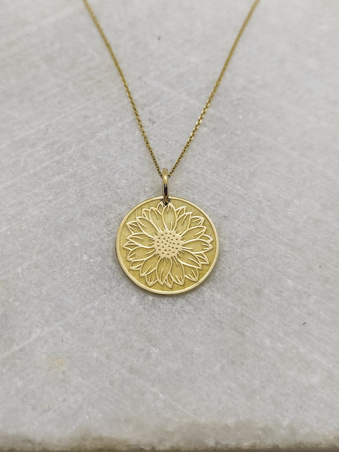 14K Gold Sunflower Necklace: Engravable Flower Disc Charm - Etsy