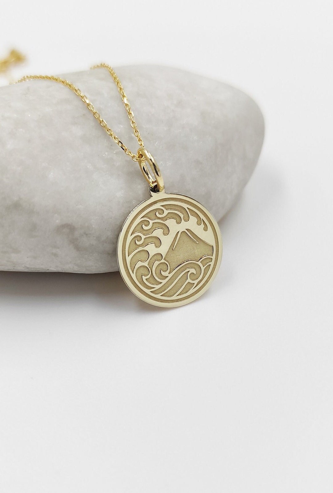 14K Real Solid Gold Ocean Wave Pendant, Gold Waves Coin Necklace ...
