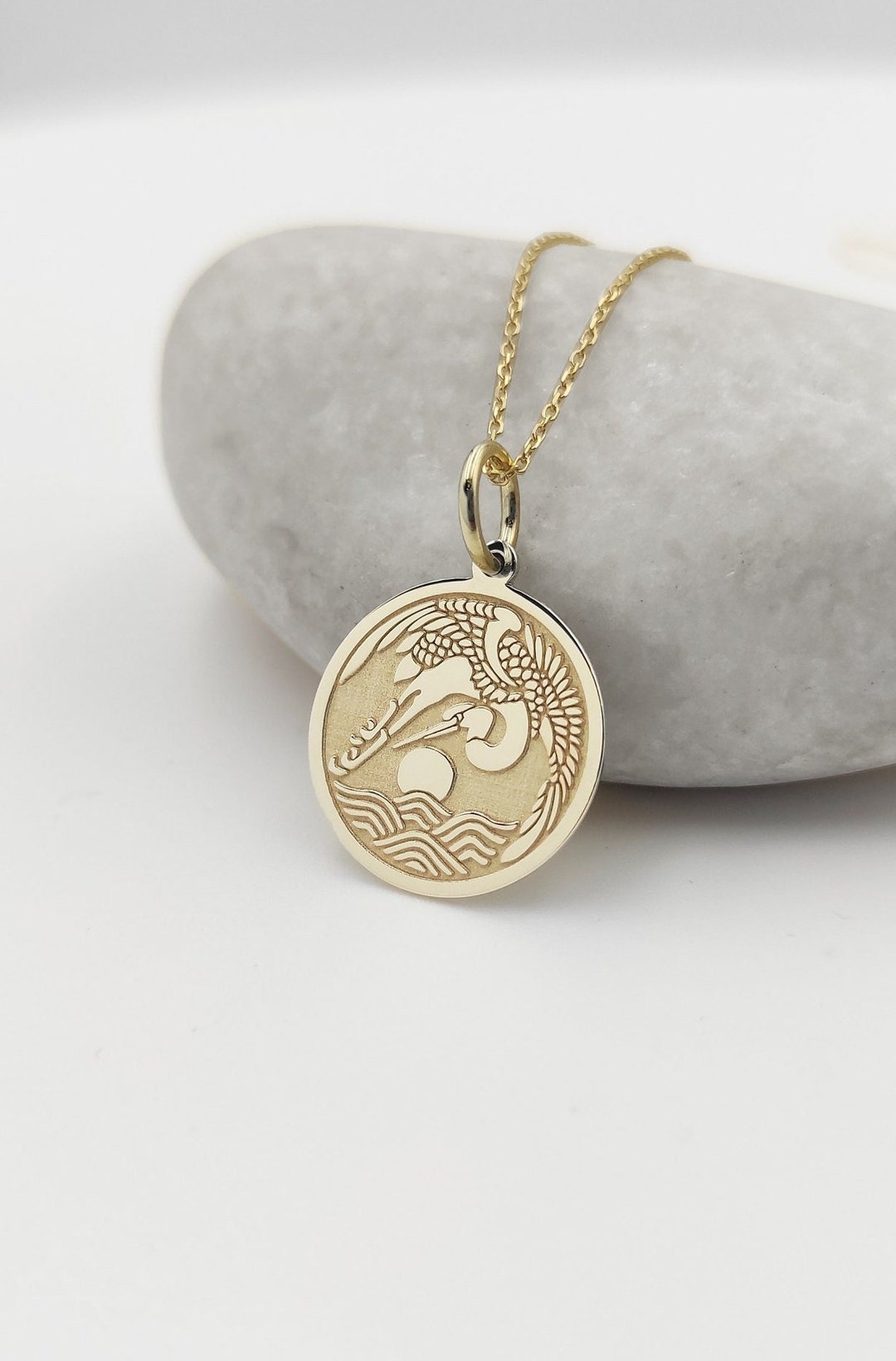 14K Real Solid Gold Stork Bird Pendant, Gold Stork Bird Coin Necklace ...