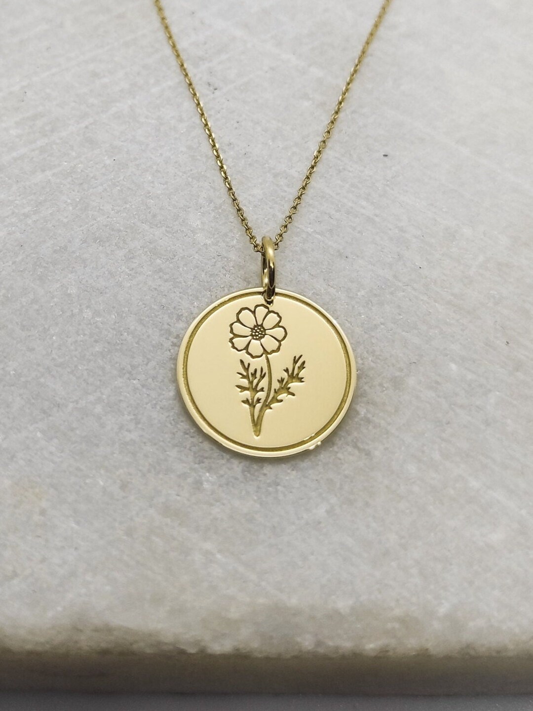 14K Gold Cosmos Flower Necklace: Engraved Birth Flower Pendant - Etsy
