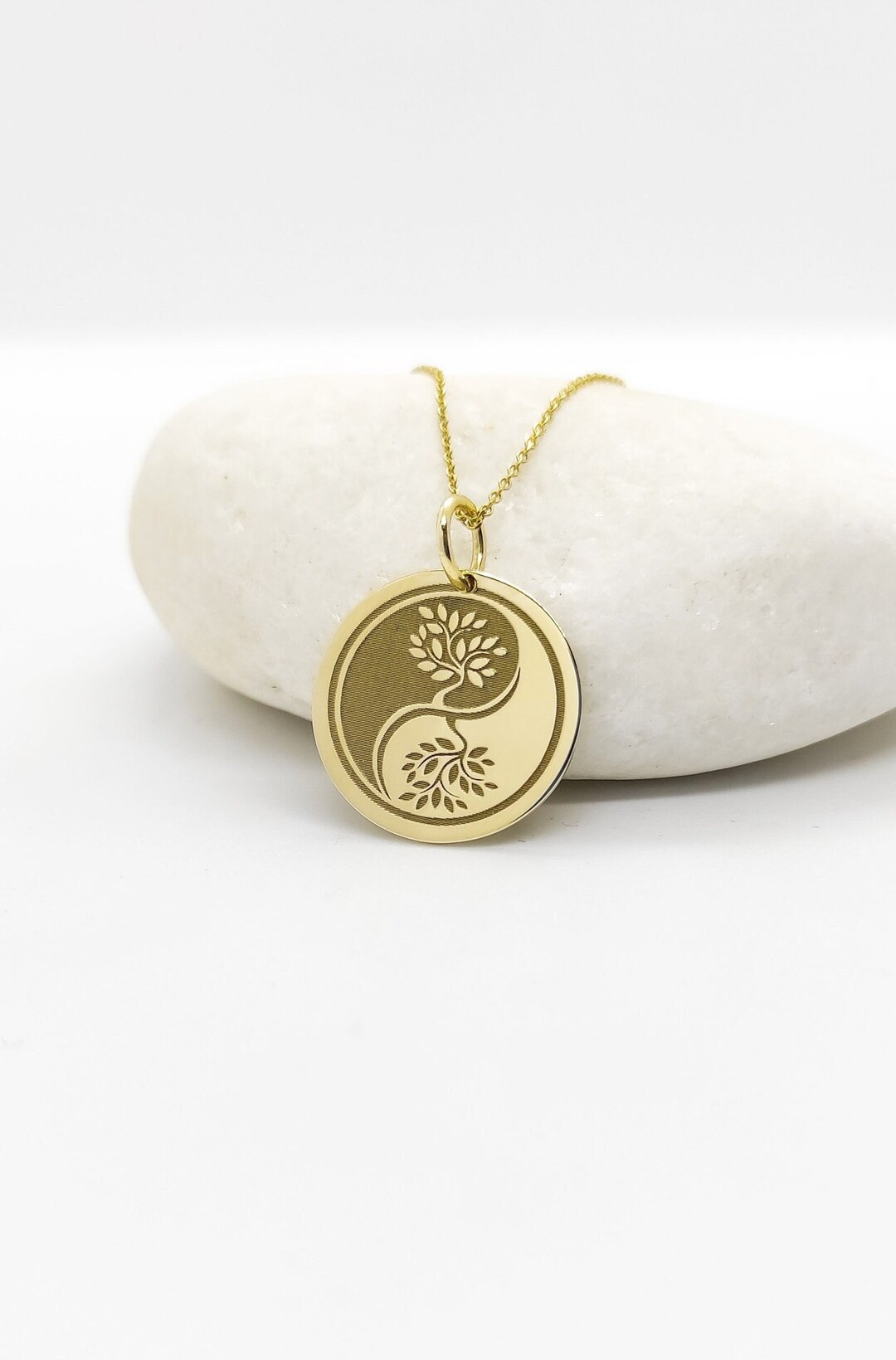 14K Real Gold Yin Yang Tree Disc Pendant, 14K Solid Gold Yin Yang ...