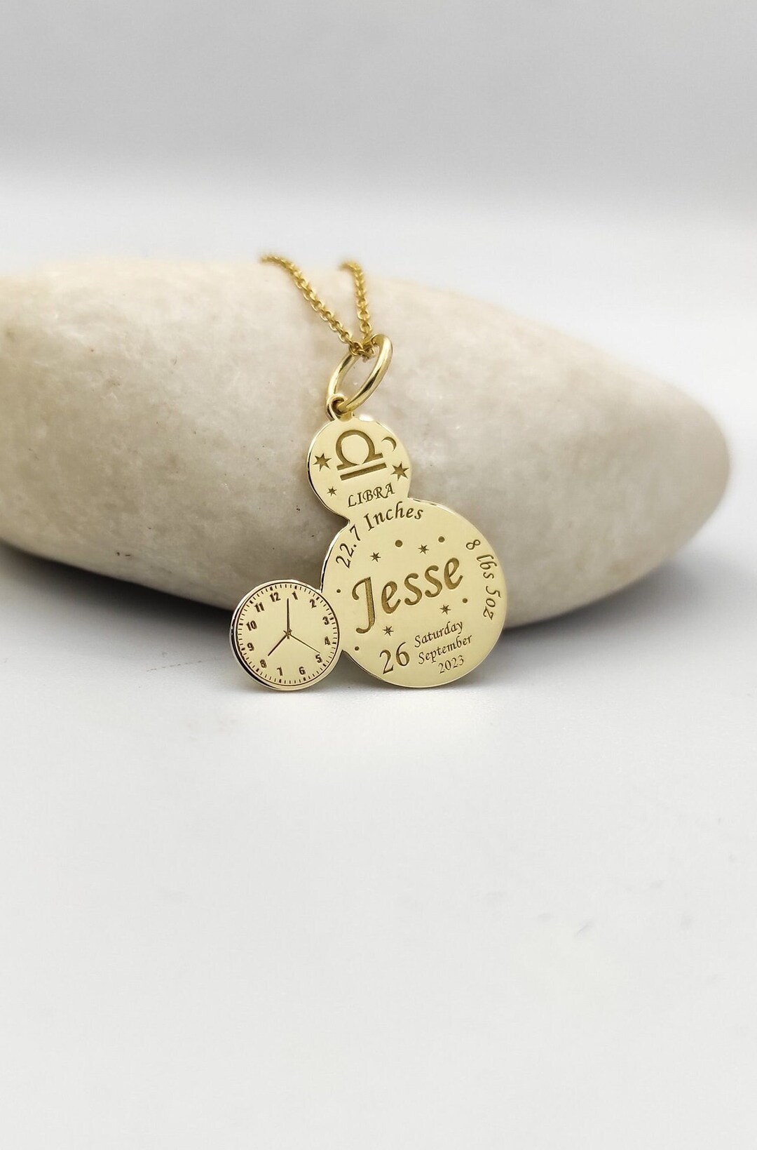 14K Solid Gold Mickey Birth Stat Pendant, New Born Gold Disc Necklace ...