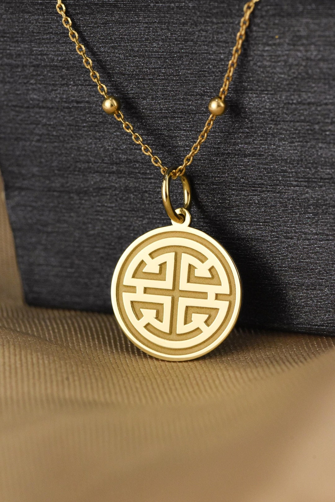 14K Real Solid Gold Chinese Lu Symbol Necklace, Prosperity Jewelry, Zi ...