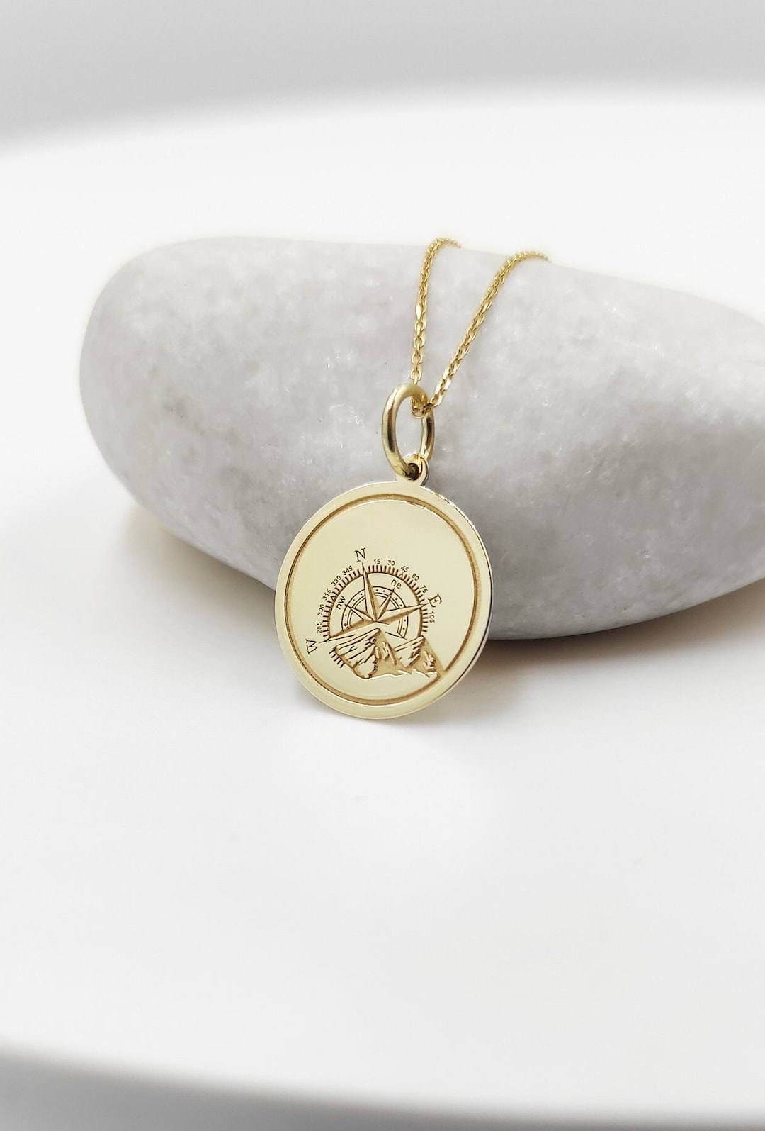 14K Real Gold Compass Necklace, Gold Mountain Compass Pendant ...