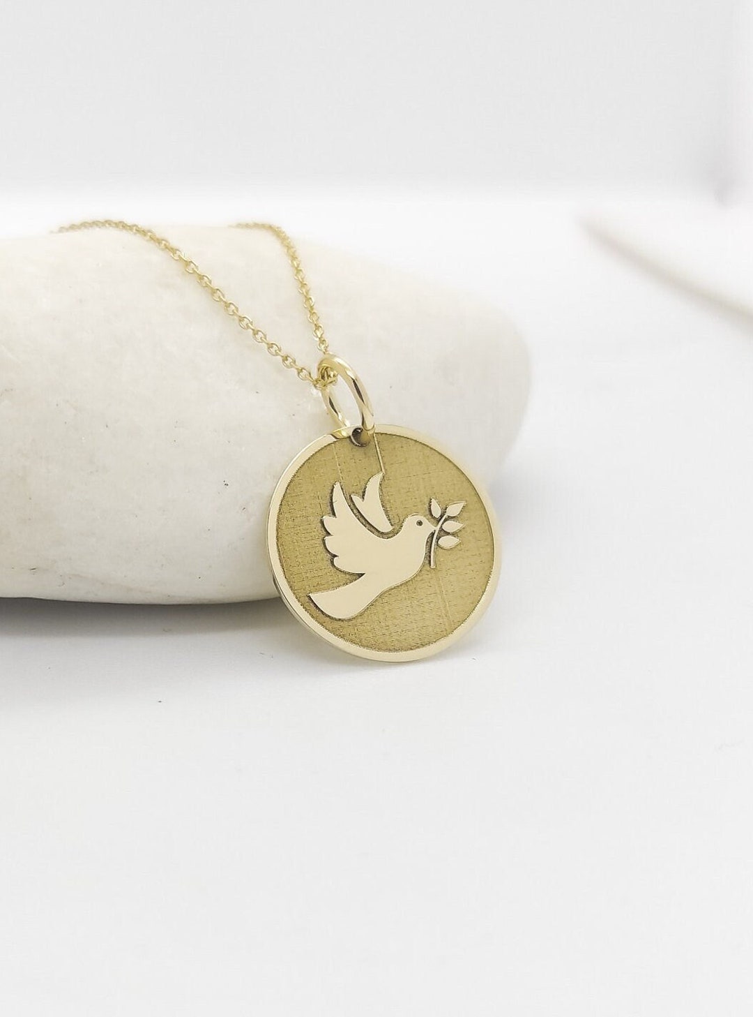 14K Real Gold Dove Disc Pendant, 14K Solid Gold Dove Necklace, Dove ...