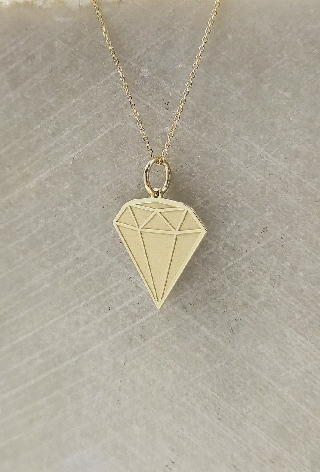 Engraved Diamond Shape Pendant, 14K Solid Gold Diamond Necklace ...