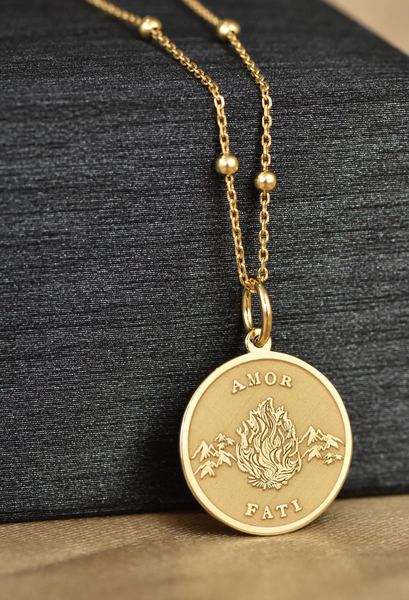 14K Solid Gold Amor Fati Medallion Necklace: Personalized Philosophy ...