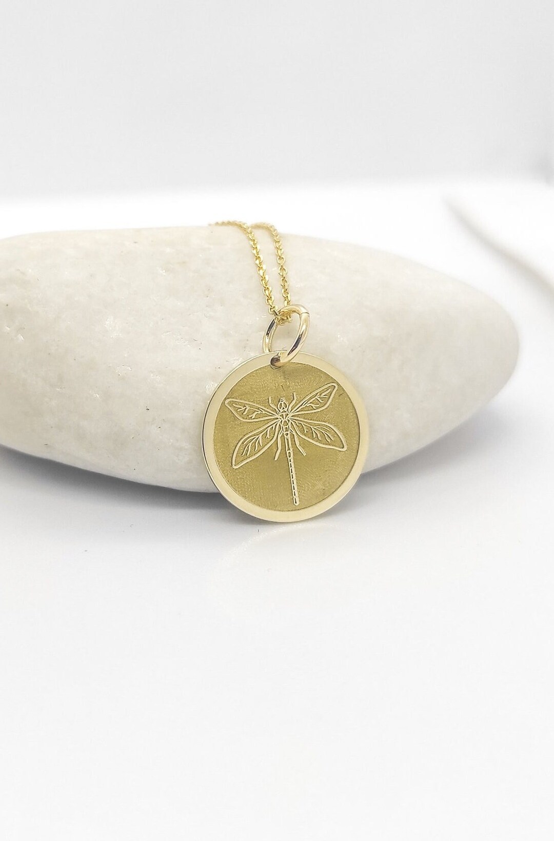 14K Real Gold Dragonfly Disc Pendant, 14K Solid Gold Dragonfly Necklace ...