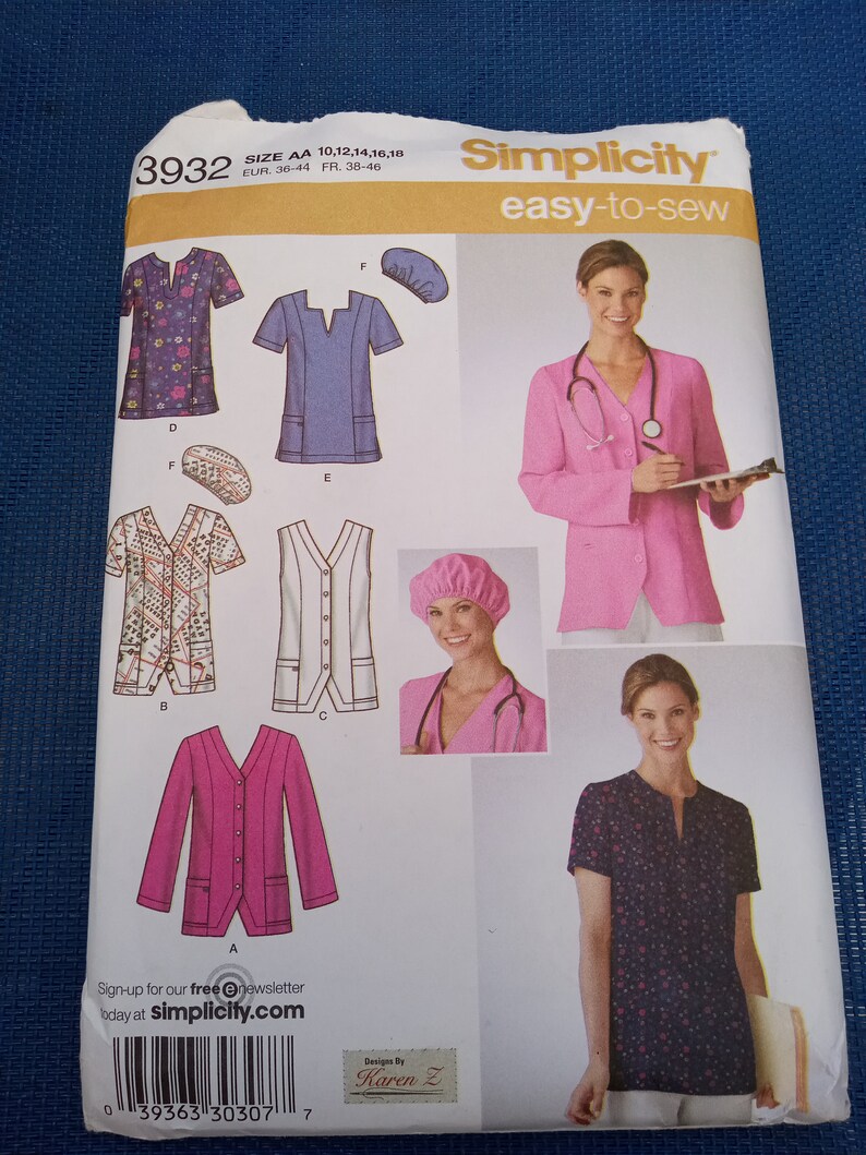 Simplicity Sewing Pattern 3932 Nursing Scrubs Top Hat Cap Size 10-18 - Etsy