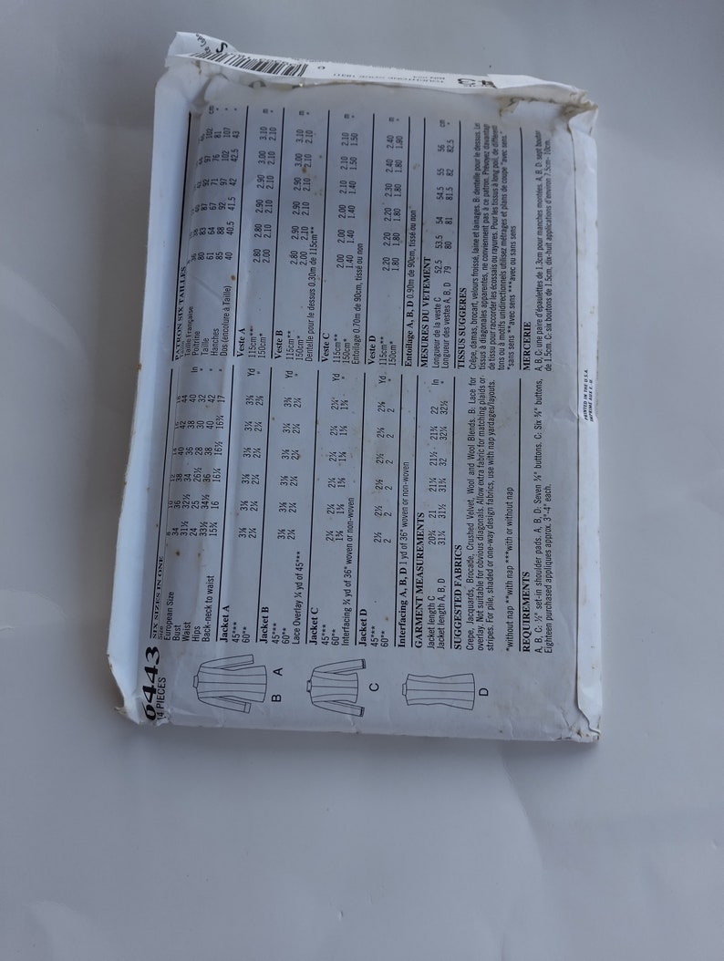 Vintage New Look 6443 Sewing Pattern Women's Vest Jacket Jackets Size 8 ...