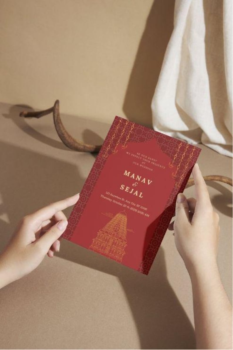 South Indian Wedding Invitation Template Editable Canva Hindu Marriage ...