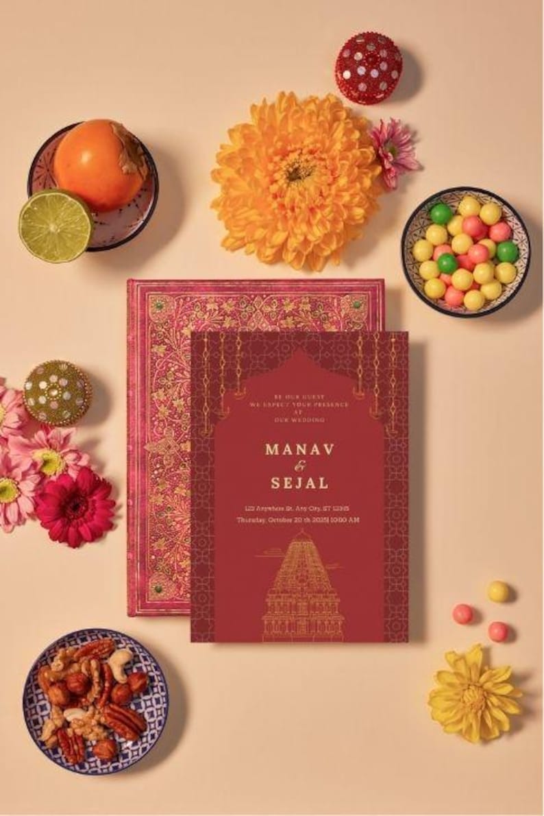 South Indian Wedding Invitation Template Editable Canva Hindu Marriage ...