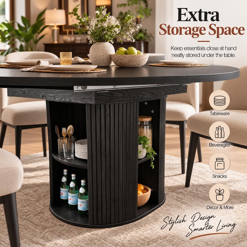 Extendable Round Dining Table, Black Modern Wood Kitchen Table, 4-8 ...