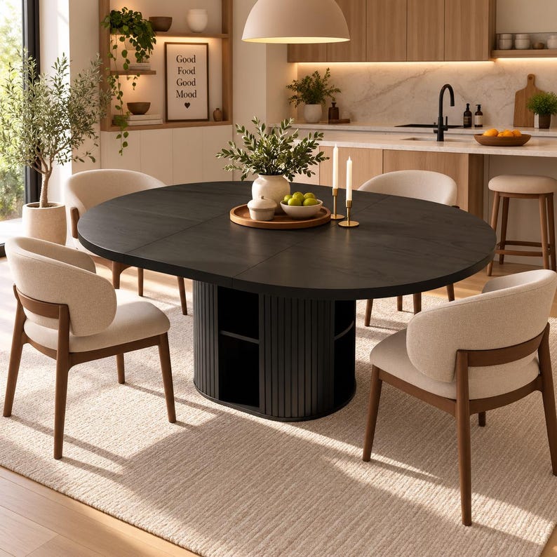 Extendable Round Dining Table, Black Modern Wood Kitchen Table, 4-8 ...