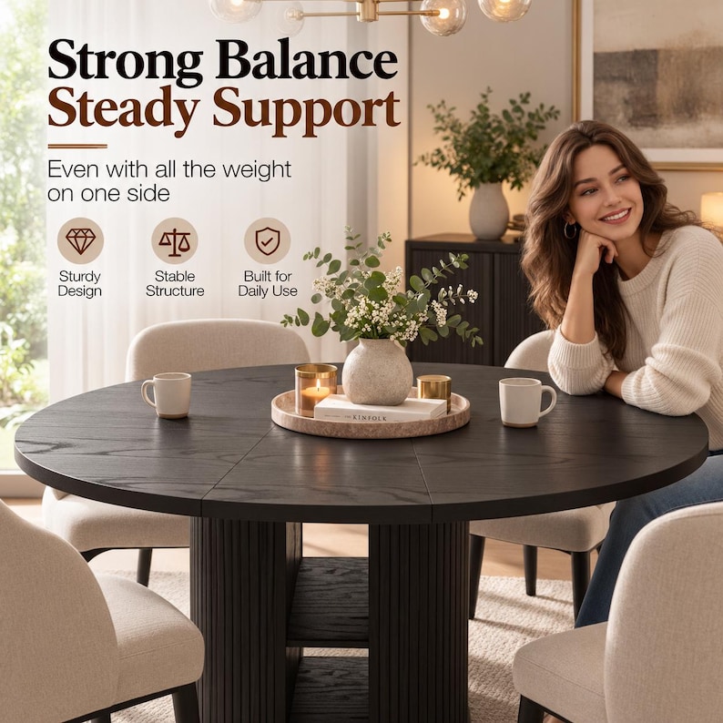 Extendable Round Dining Table, Black Modern Wood Kitchen Table, 4-8 ...