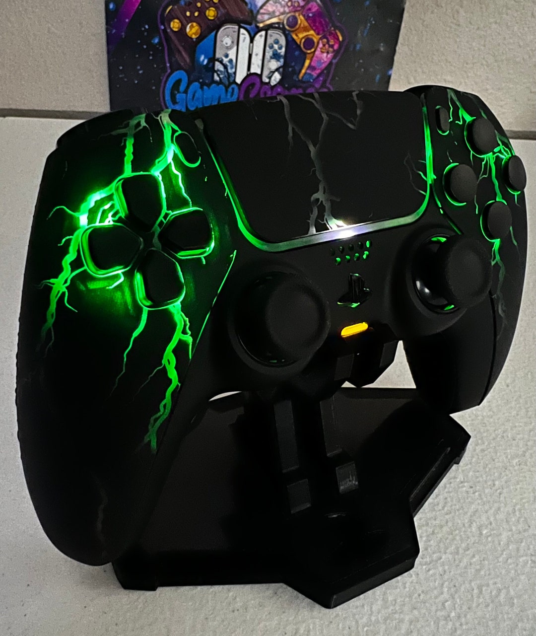 Lightning Theme RGB LED All Black Custom Wireless Controller for PS5 or ...