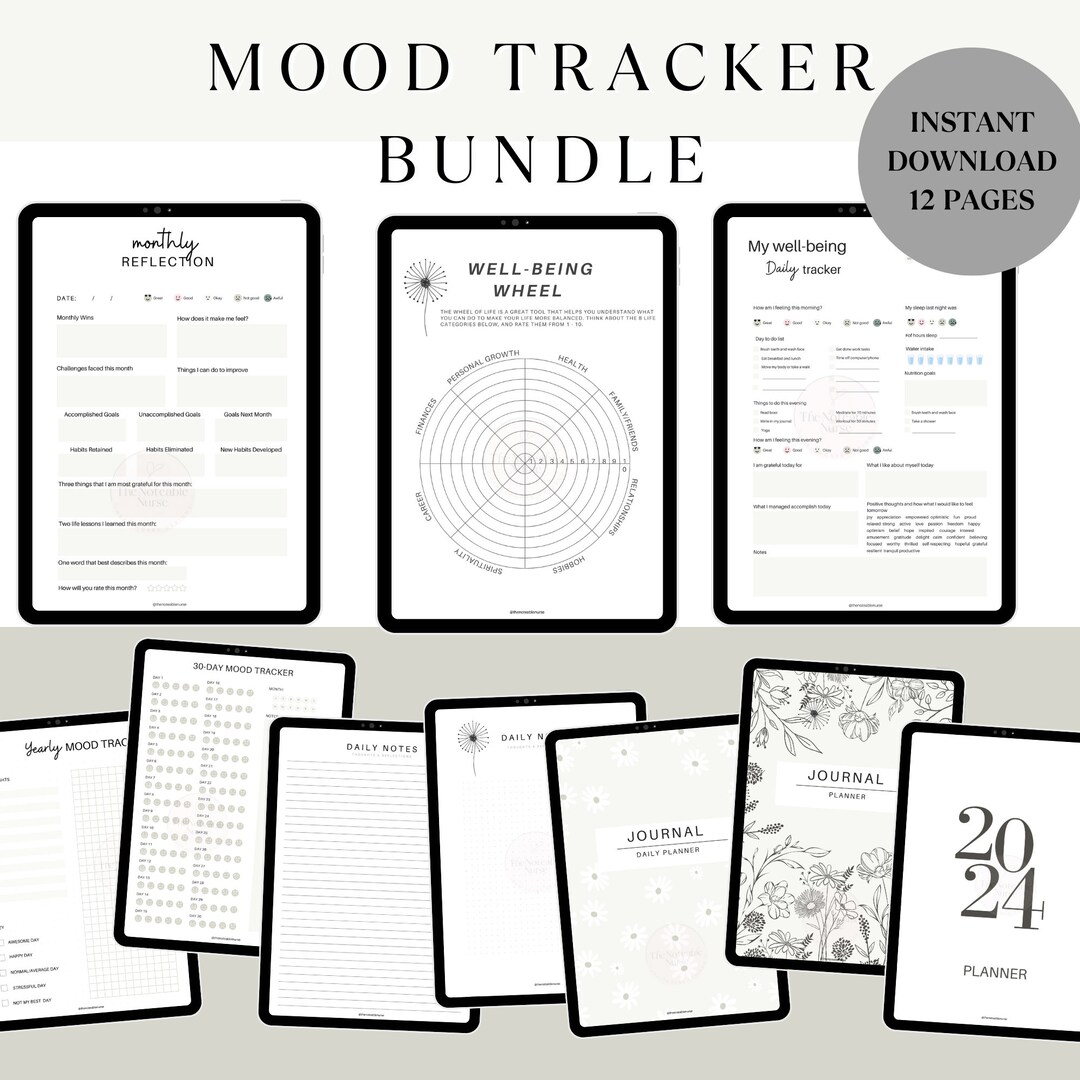 Mood Tracker Bundle, PRINTABLE, 30-day, Yearly Tracker, Well-being ...