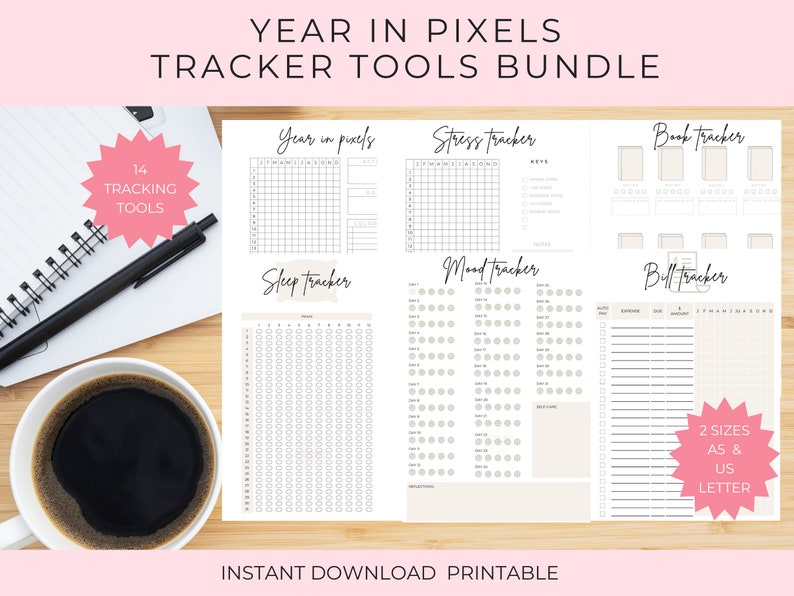 YEAR in PIXELS Printable Life Tracker Bundle: A5 & US Letter Planners ...
