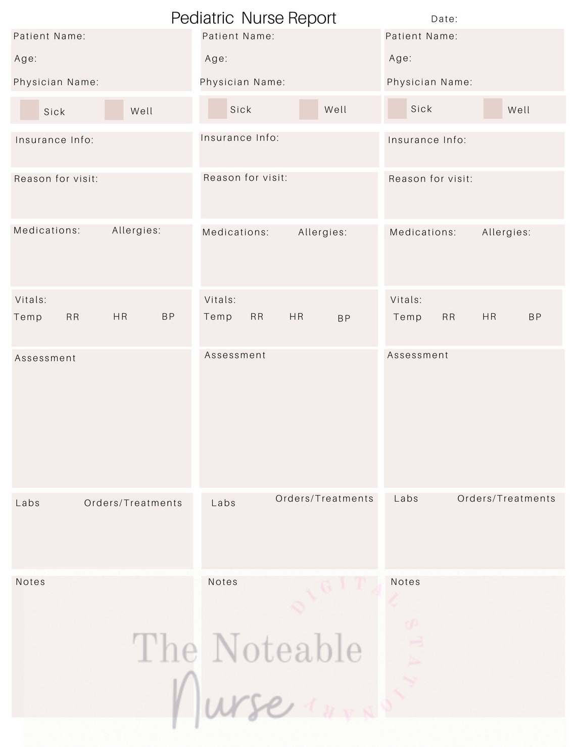 Pediatric Nurse Report, 3 Patient Report, Notepad, Printable Notes ...