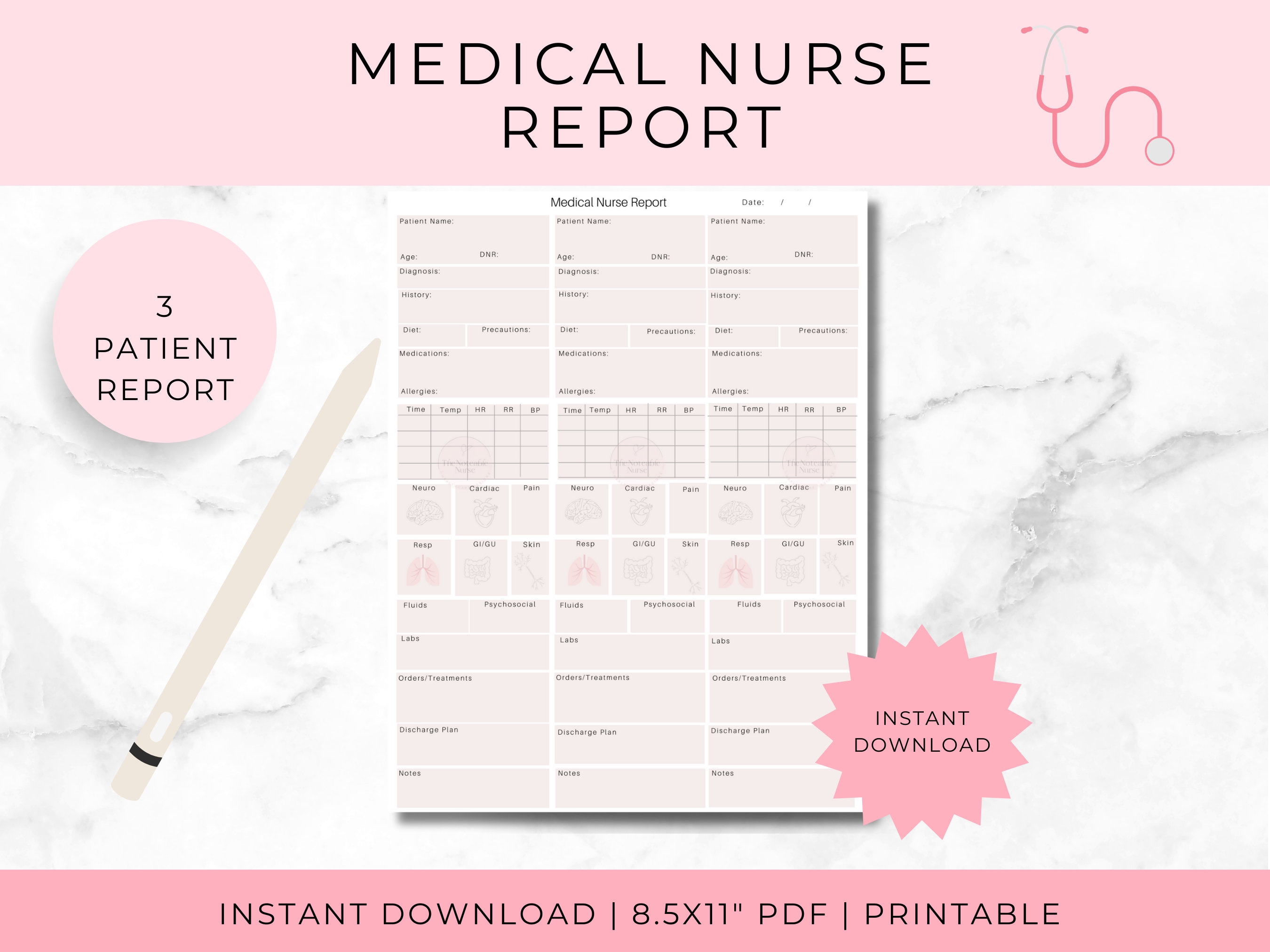Pink Nurse Medical Report Notepad: 3-patient Reports for Documentation ...