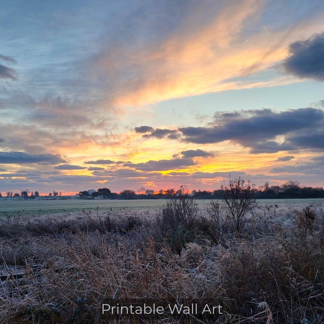 Frosty Sunrise Over Countryside Field | Calm Winter Landscape | Digital ...