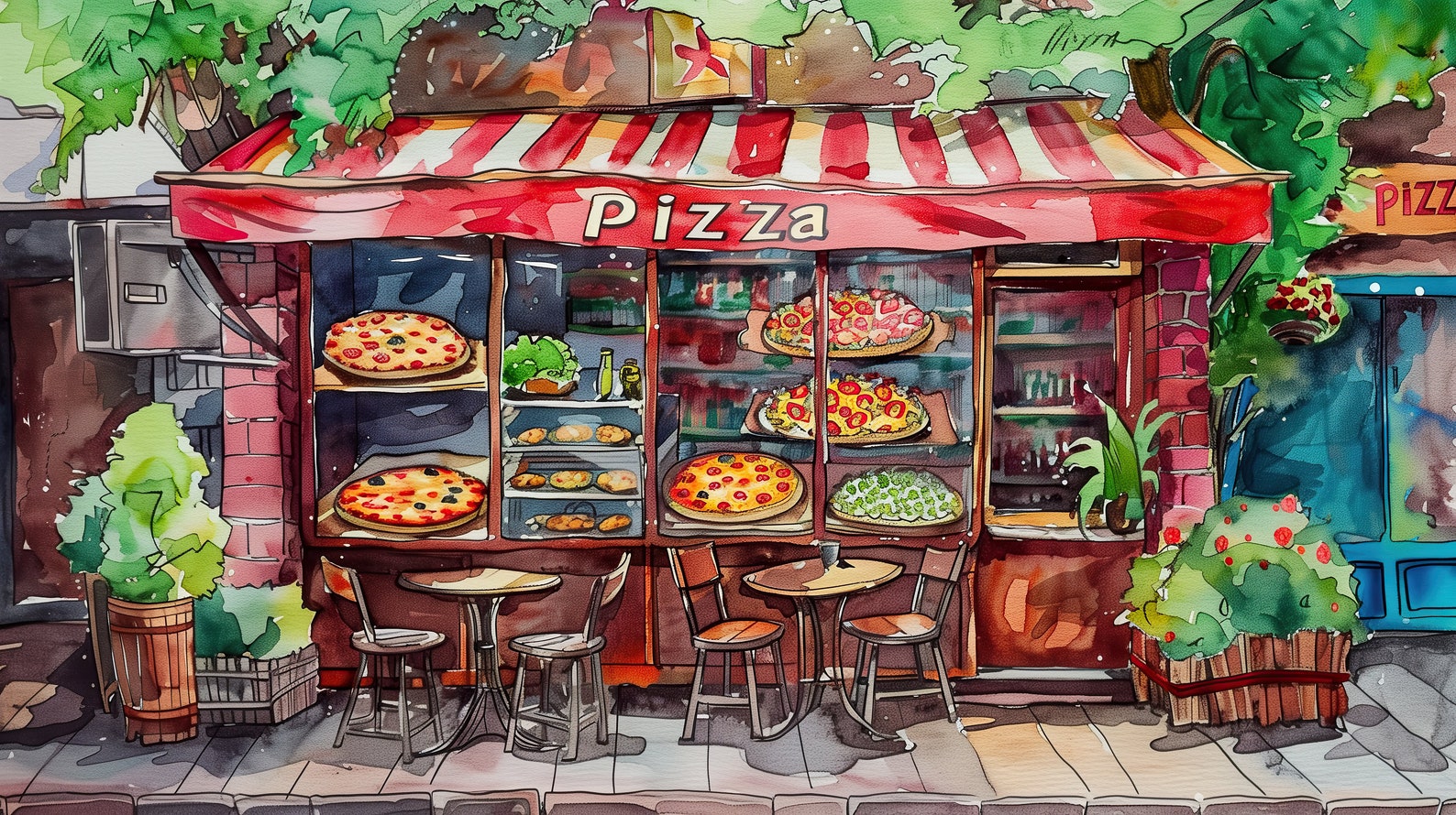 3 Pizza Place Store Front Illustration Store Front Wall Art Decorations ...