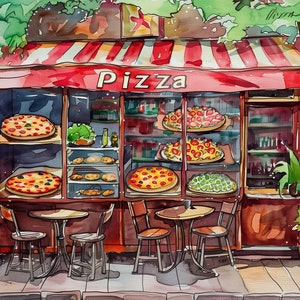 3 Pizza Place Store Front Illustration - Store Front Wall Art ...