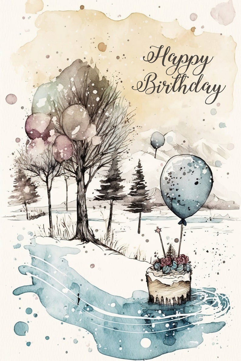 Winter Themed Birthday Card Printable Birthday Card Happy Birthday Card ...