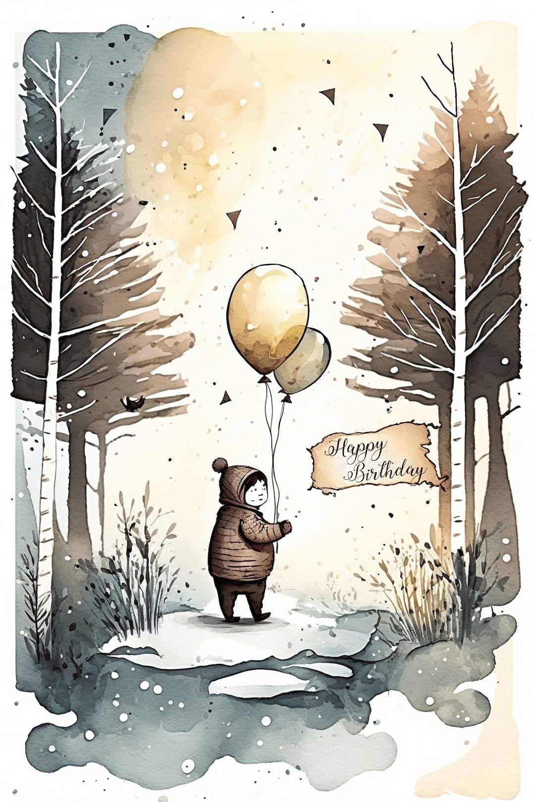 Winter Themed Birthday Card Printable Birthday Card Happy - Etsy