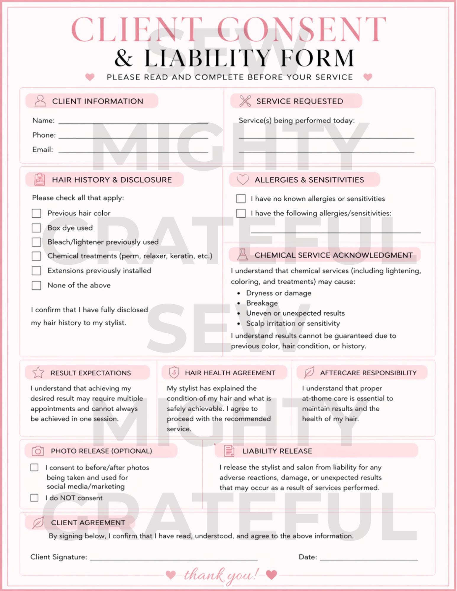 Hair Stylist Client Consent Form Printable | Salon Liability Waiver ...