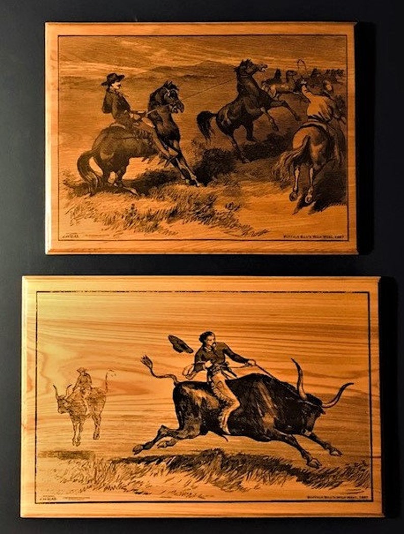 WESTERN Wall Decor on Wood. High Quality HAND-PRINTED Set of Buffalo ...
